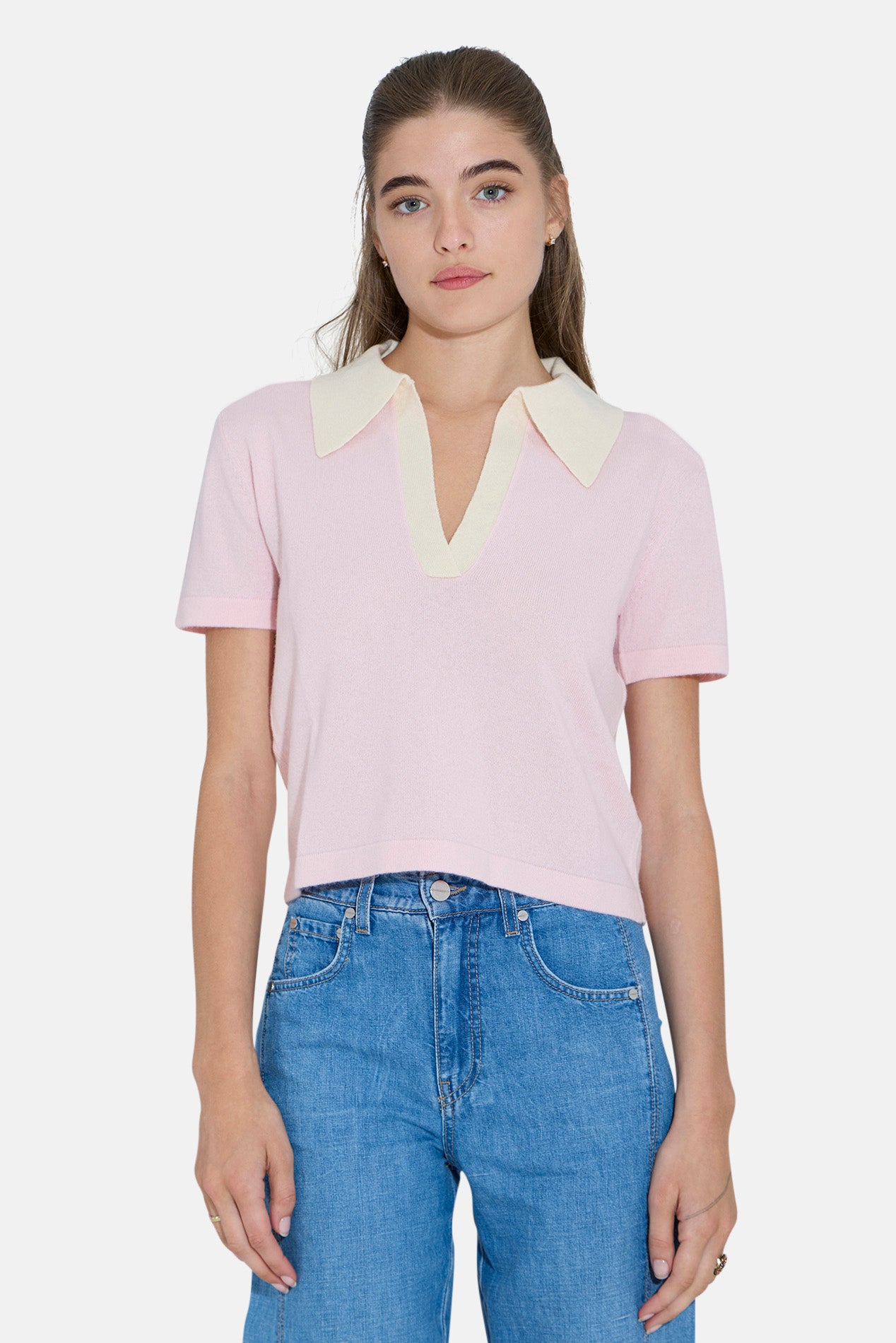 Tate Cashmere Contrast Polo Pink Petal/Ivory – blueandcream
